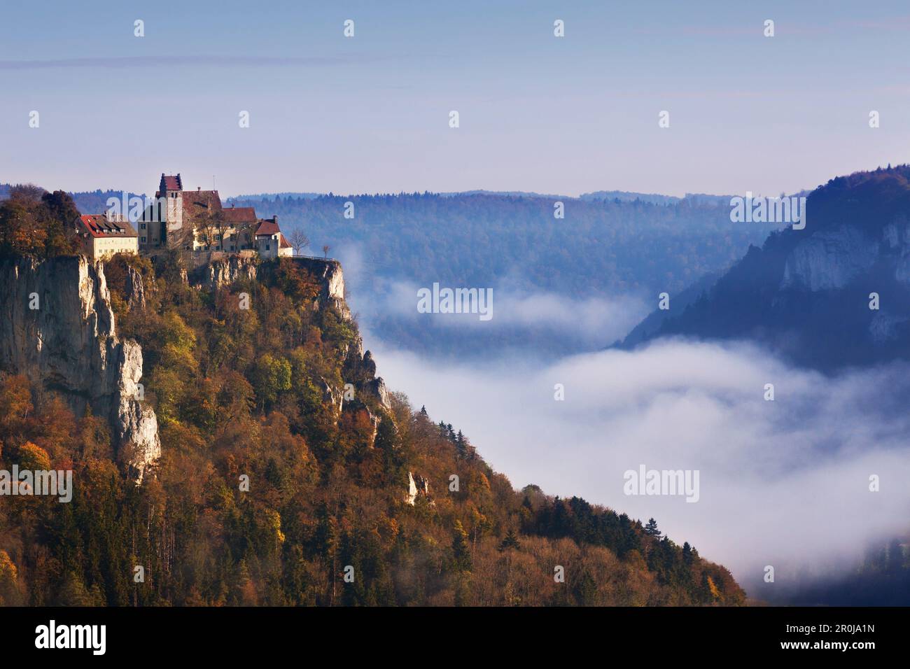 Mist in the valley of the Danube river, view to Werenwag castle, Upper ...