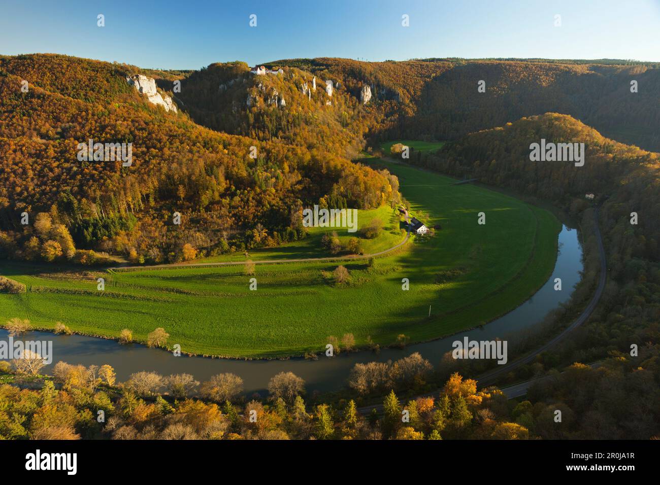 View over the river bend of the Danube to Wildenstein castle, Upper ...
