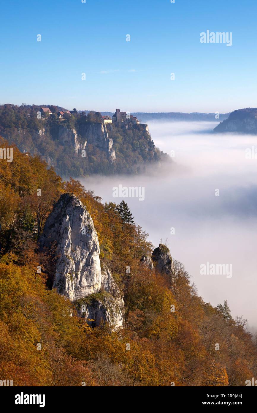 Mist in the valley of the Danube river, view to Werenwag castle, Upper ...