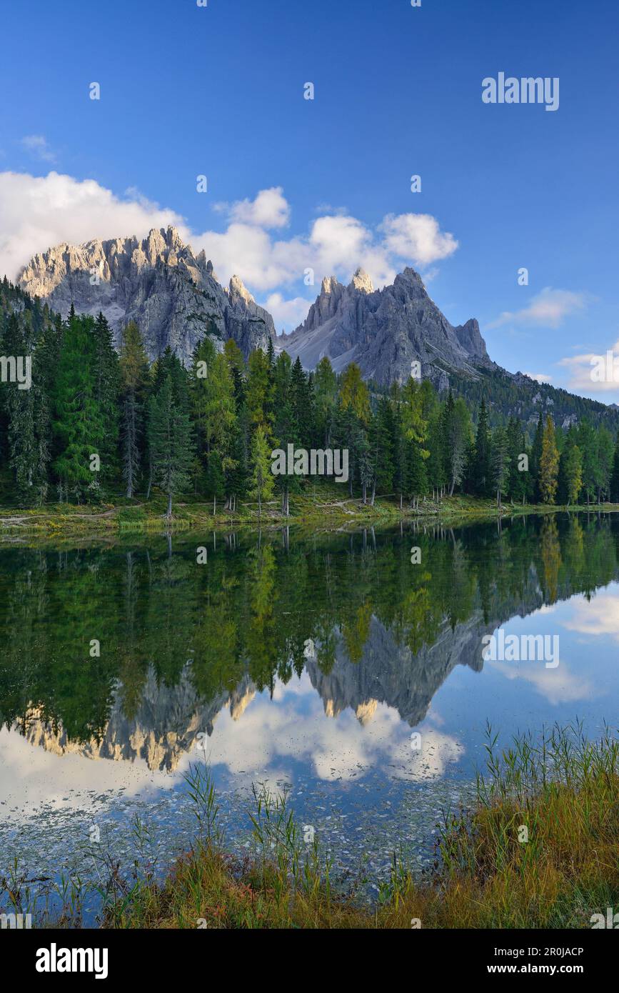 Cadini range and reflections in mountain lake, lake Lago d' Antorno ...