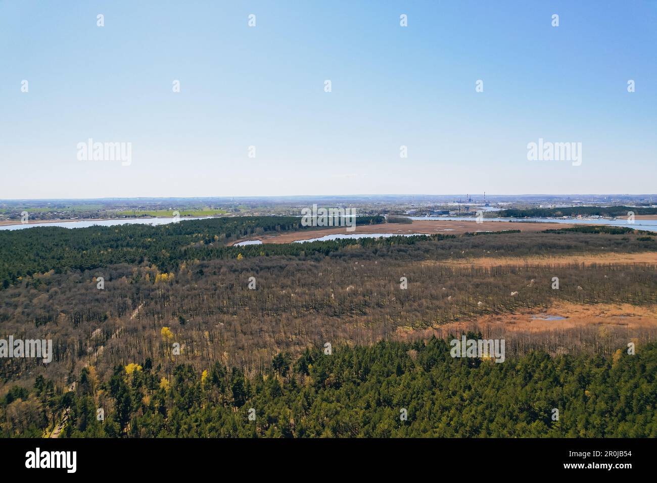 Aerial view drone of river goes into the sea. Delta of Vistula river ...