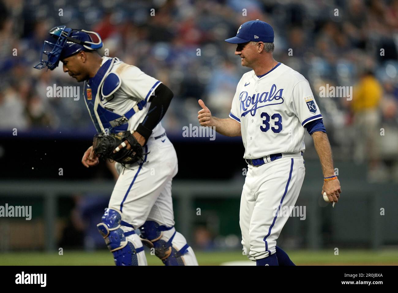 Kansas City Royals manager Matt Quatraro walks back to the dugout after ...