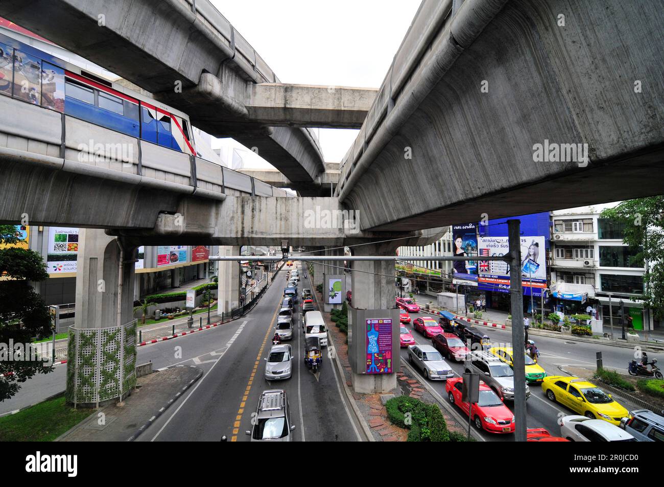 The BTS Skytrain above Rama I Roadd near Siam Square in Bangkok ...