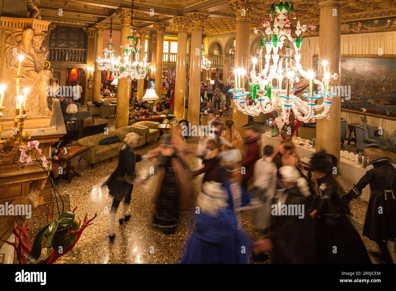 Carneval, dancing guests in costumes, Palazzo Zeno ai Frari, piano ...