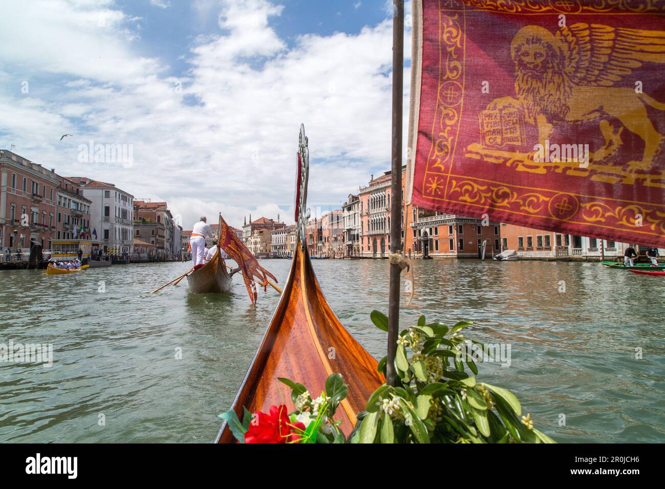 Vogalonga, view from traditional rowing boat with Venetian Serenissima ...