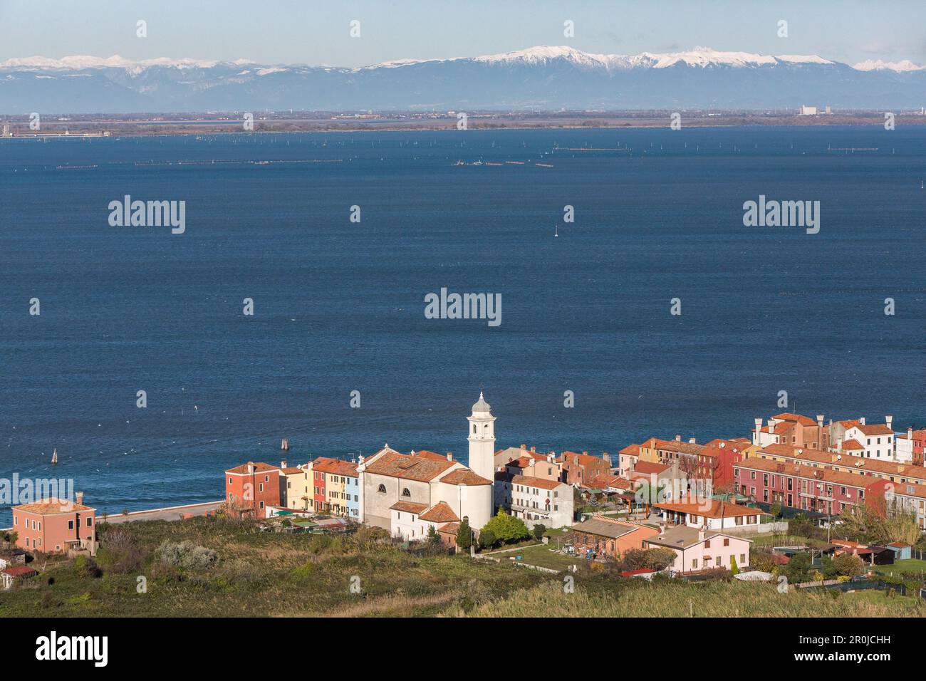 aerial, Fishing village, Malamocco, on the Lido, background snowy alps ...