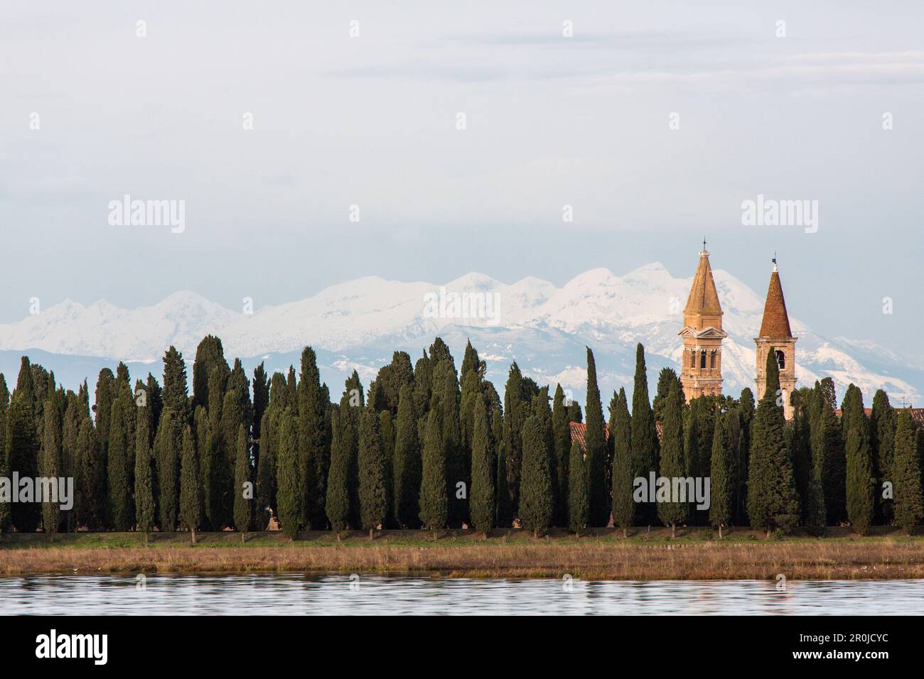 Monastery Island of San Francesco del Deserto, surrounded by cypresses ...