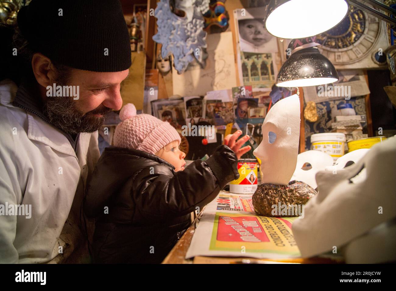 Leonardo Faggian, and child, mask maker, Mistero Buffo studio in ...