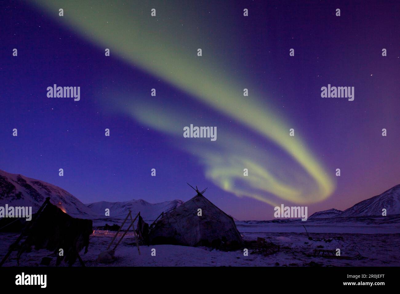 Aurora, aurora borealis, over the Yarangas of Reindeer nomads, Chukotka ...