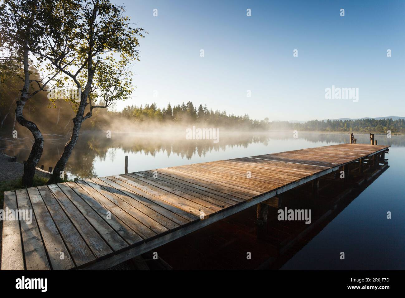 wooden pier, bathing pier at lake Kirchsee near Sachsenkamm in Spring ...