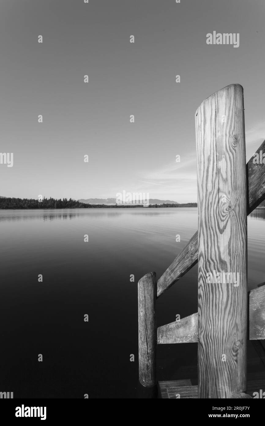 Wooden pier, bathing pier at lake Kirchsee near Sachsenkamm, moorland ...