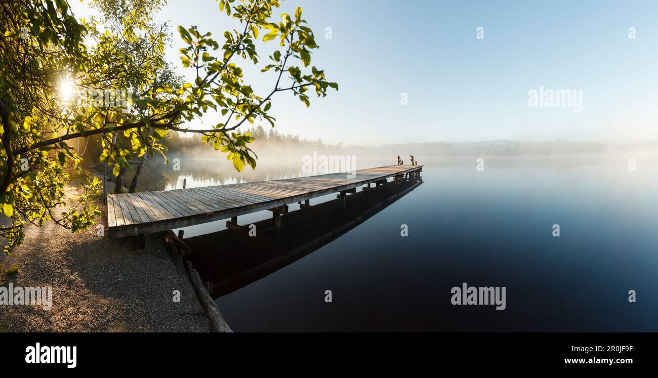 wooden pier, bathing pier at lake Kirchsee near Sachsenkamm in Spring ...