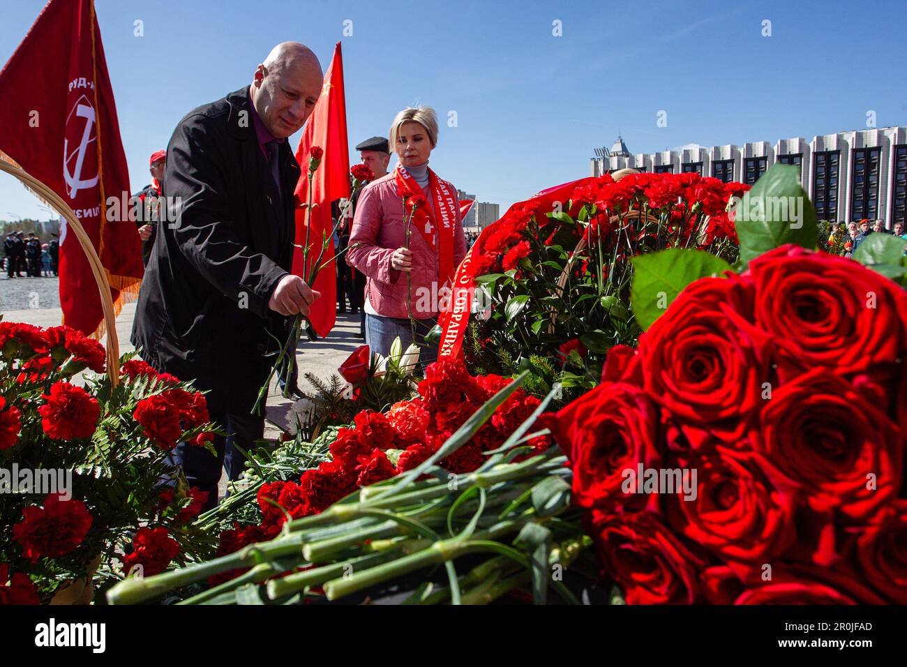 Activists of the Communist Party of Russia (KPRF) seen during a flower ...