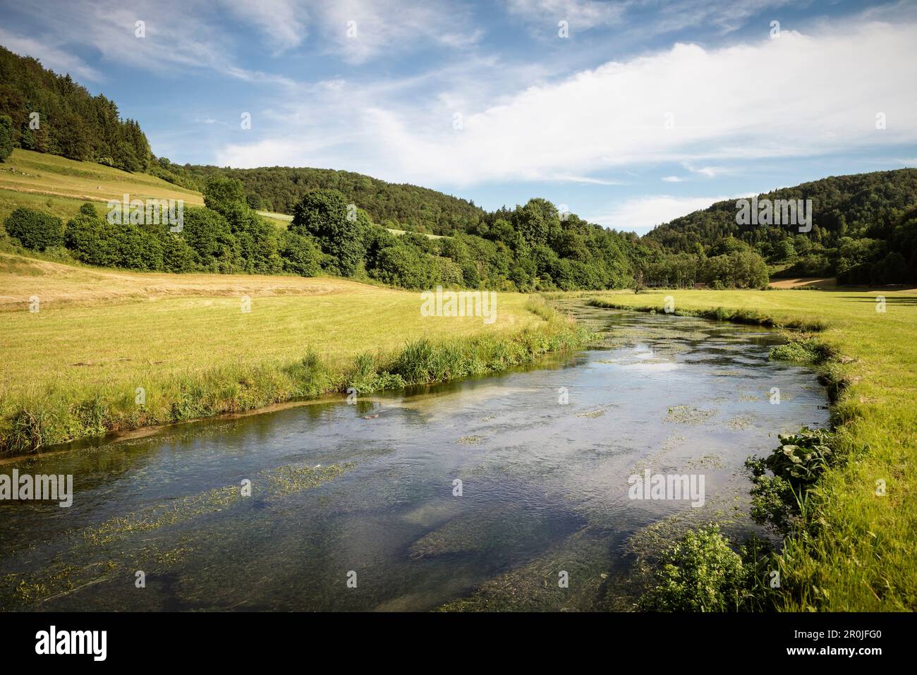 view towards Aach valley and Aach river, Zwiefalten, Swabian Alb, Baden ...
