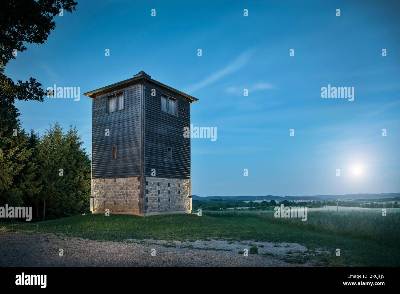 reconstruction of Roman watchtower during moonrise, Limes (border wall ...