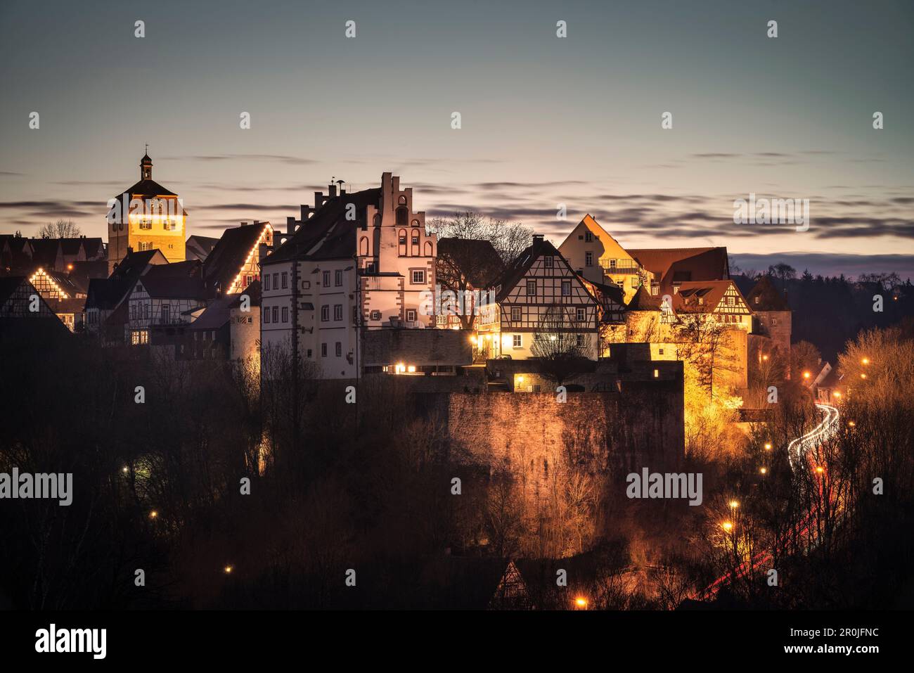 night view of the historic town center of Vellberg with town hall ...