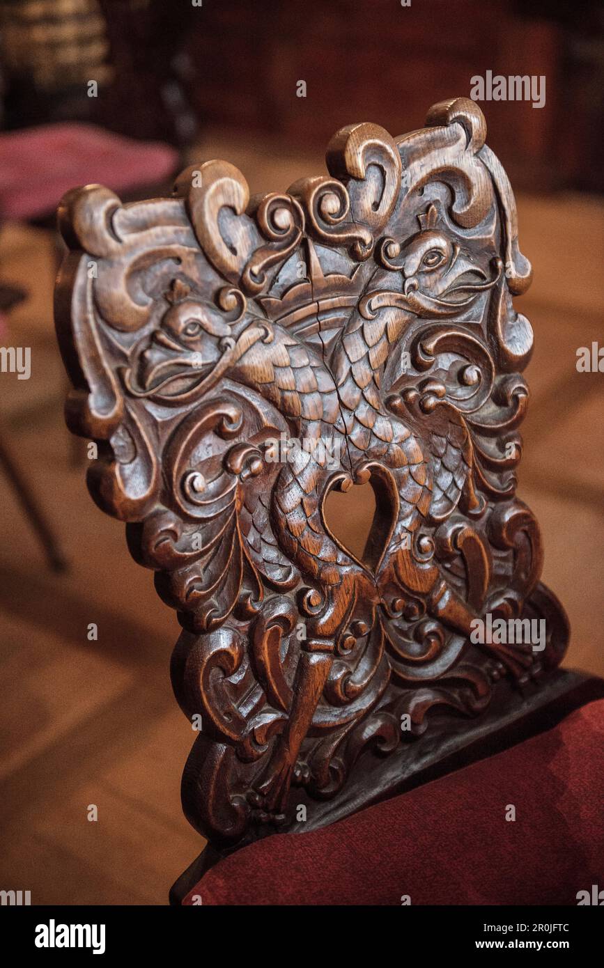 antique chair with Dragon emblem in a castle, Schwaebisch Hall, Baden ...