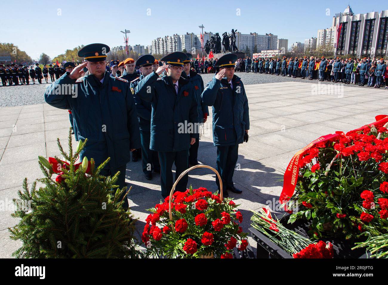Russian military officers seen during a flower-laying ceremony to honor ...