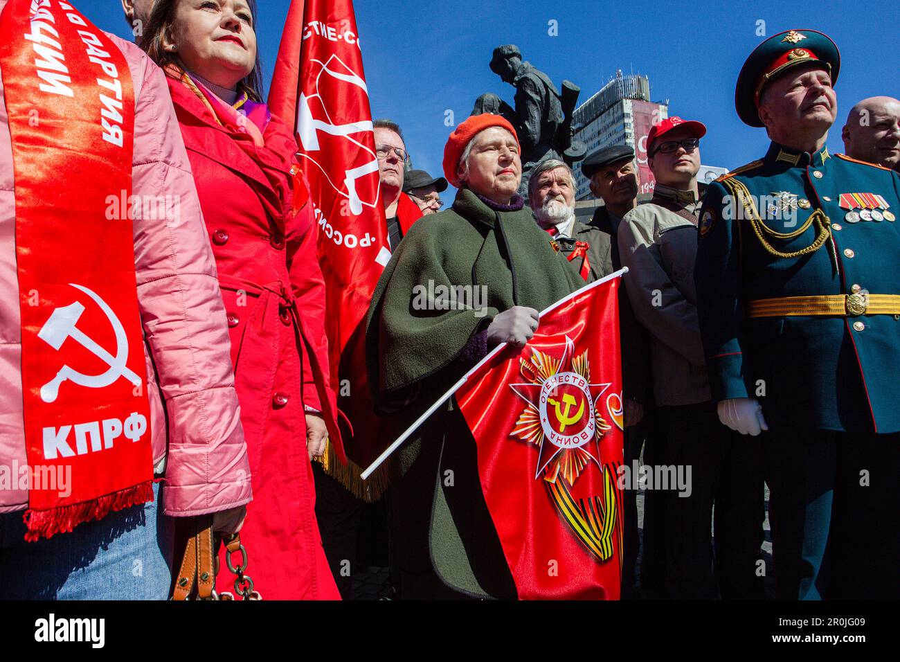 Activists of the Communist Party of Russia (KPRF) pose for a group ...