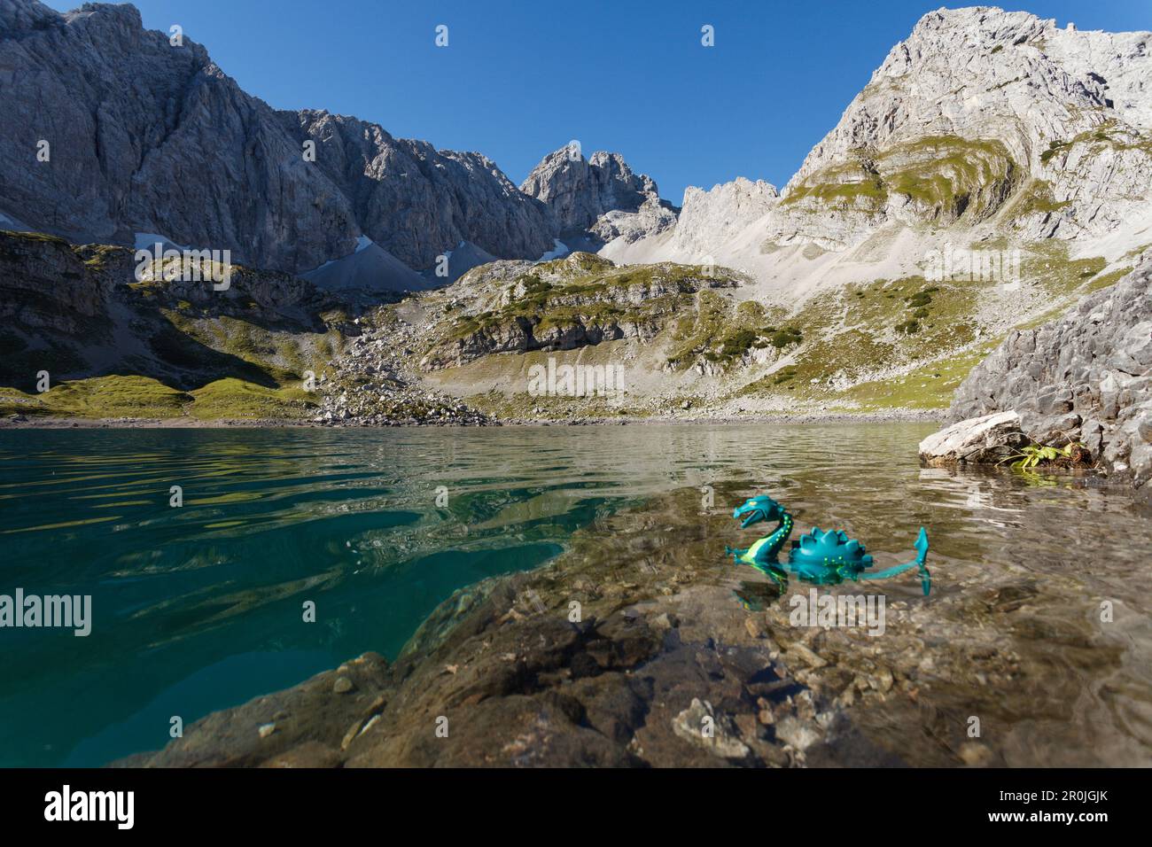 Lake Drachensee with toy dragon, vorderer Drachenkopf, mountains, near ...