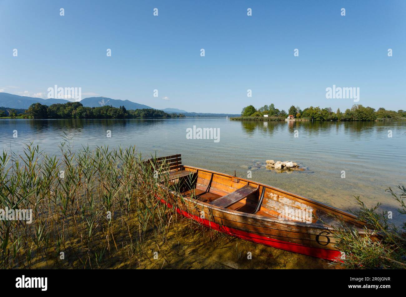 Lake Staffelsee, Woerth island and Buchau island with rowing boat ...
