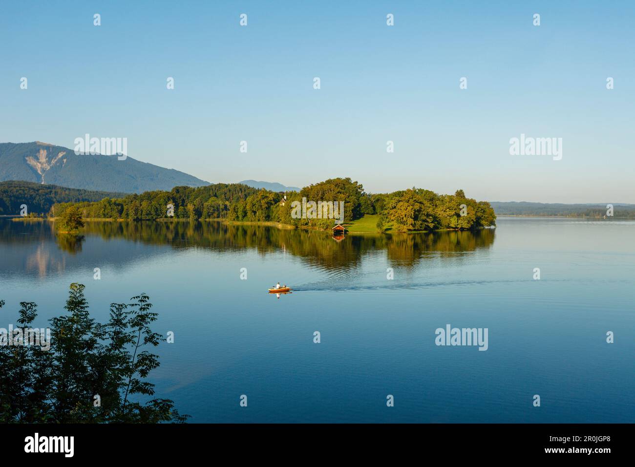 Lake Staffelsee and Woerth island with rowing boat, Seehausen am ...