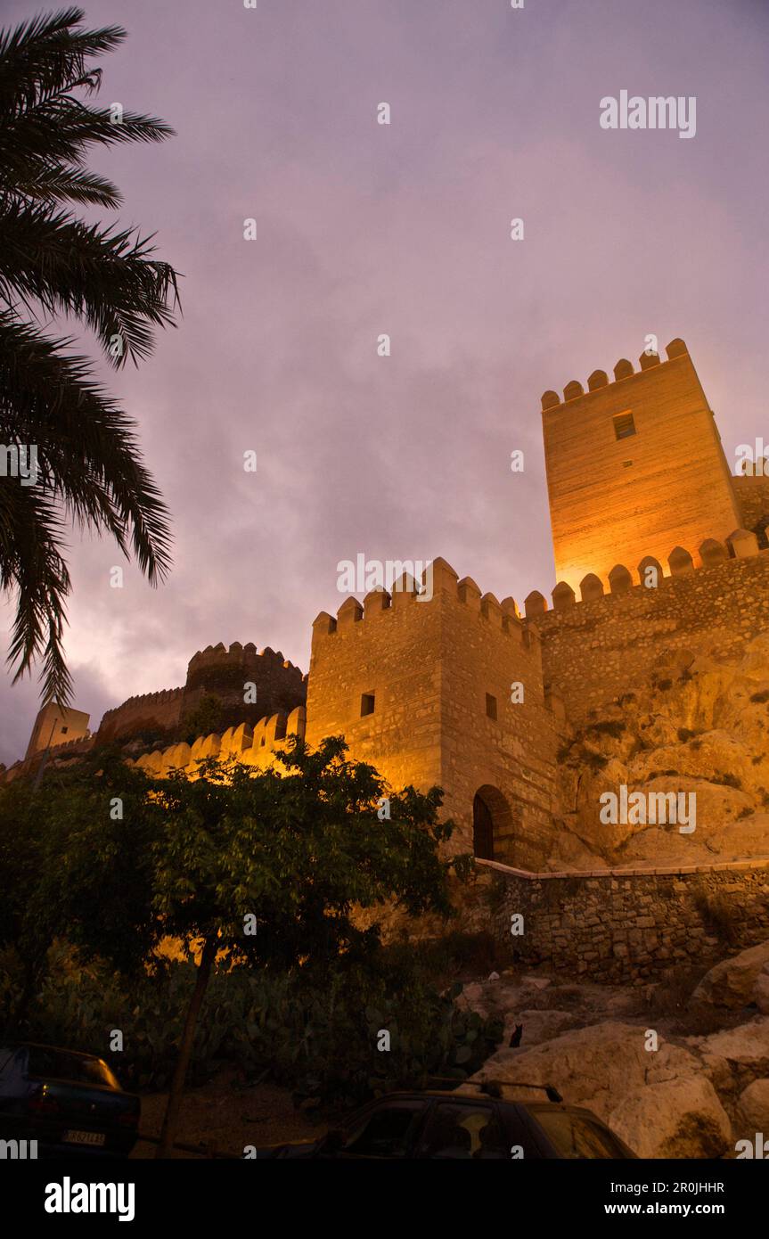 Moorish fort lit in the evening light, Alcazaba in Almeria, Andalusia ...