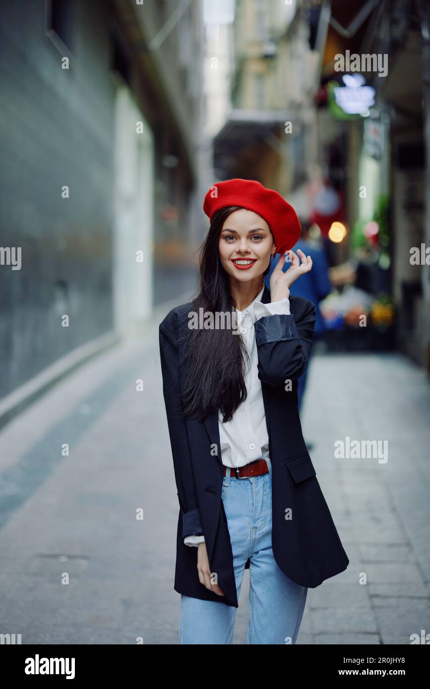 Fashion woman smile with teeth portrait stroll tourist in stylish ...