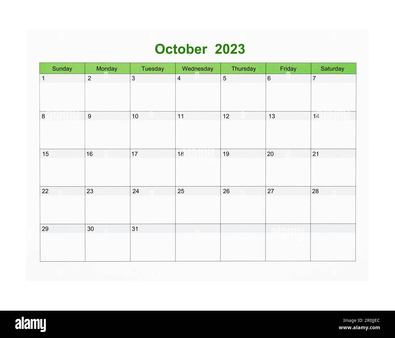October 2023 Calendar page for 2023 year isolated on white background ...