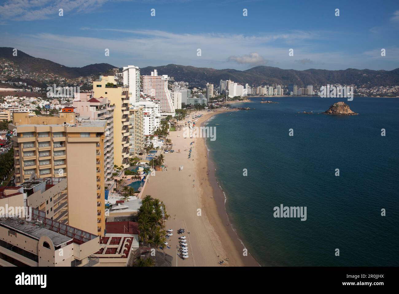 Overhead of high-rise hotels on El Morro beach, Acapulco, Guerrero ...