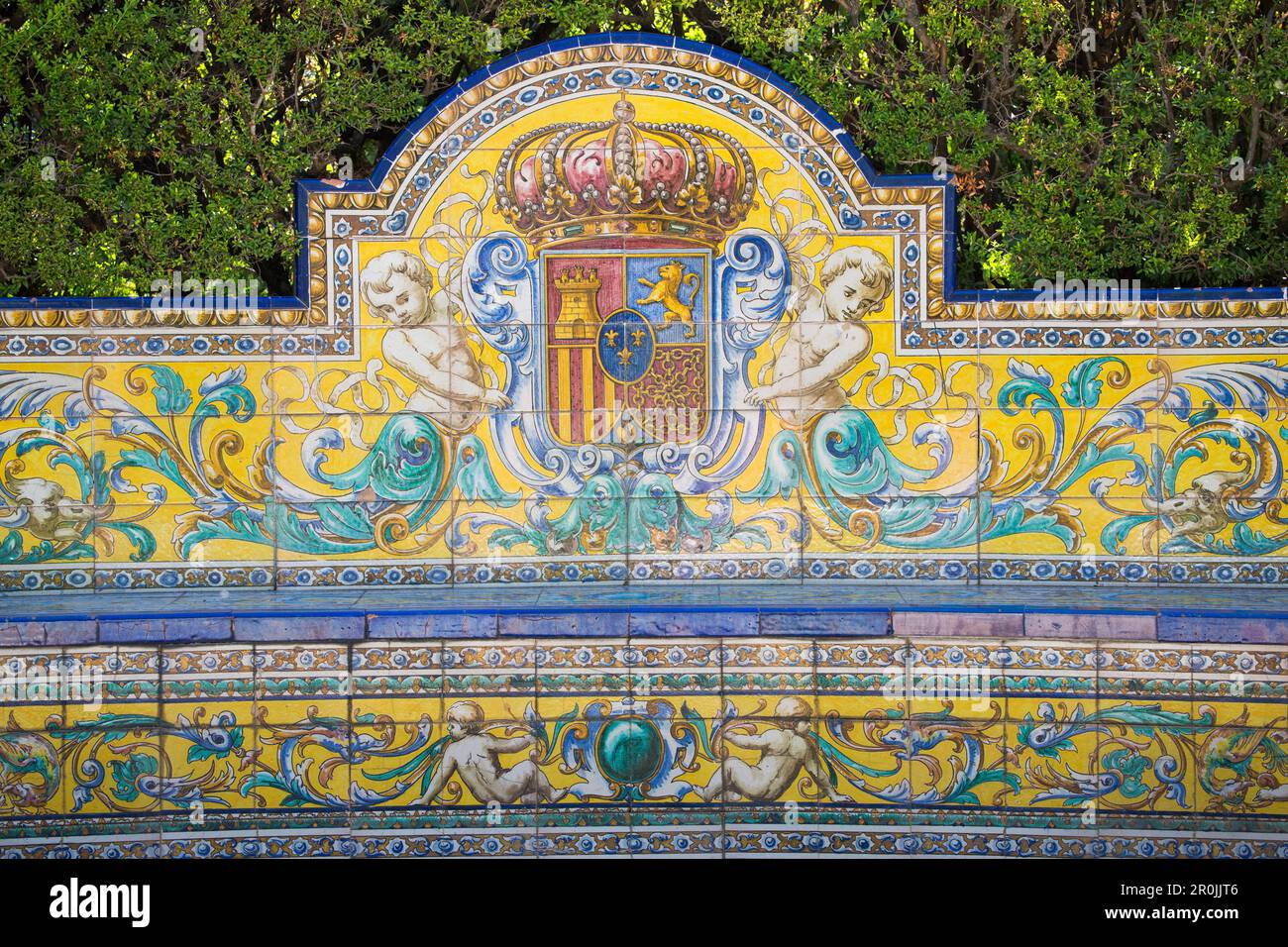 Mudejar tiles with Moorish pattern on beanch in Alcazar Gardens ...