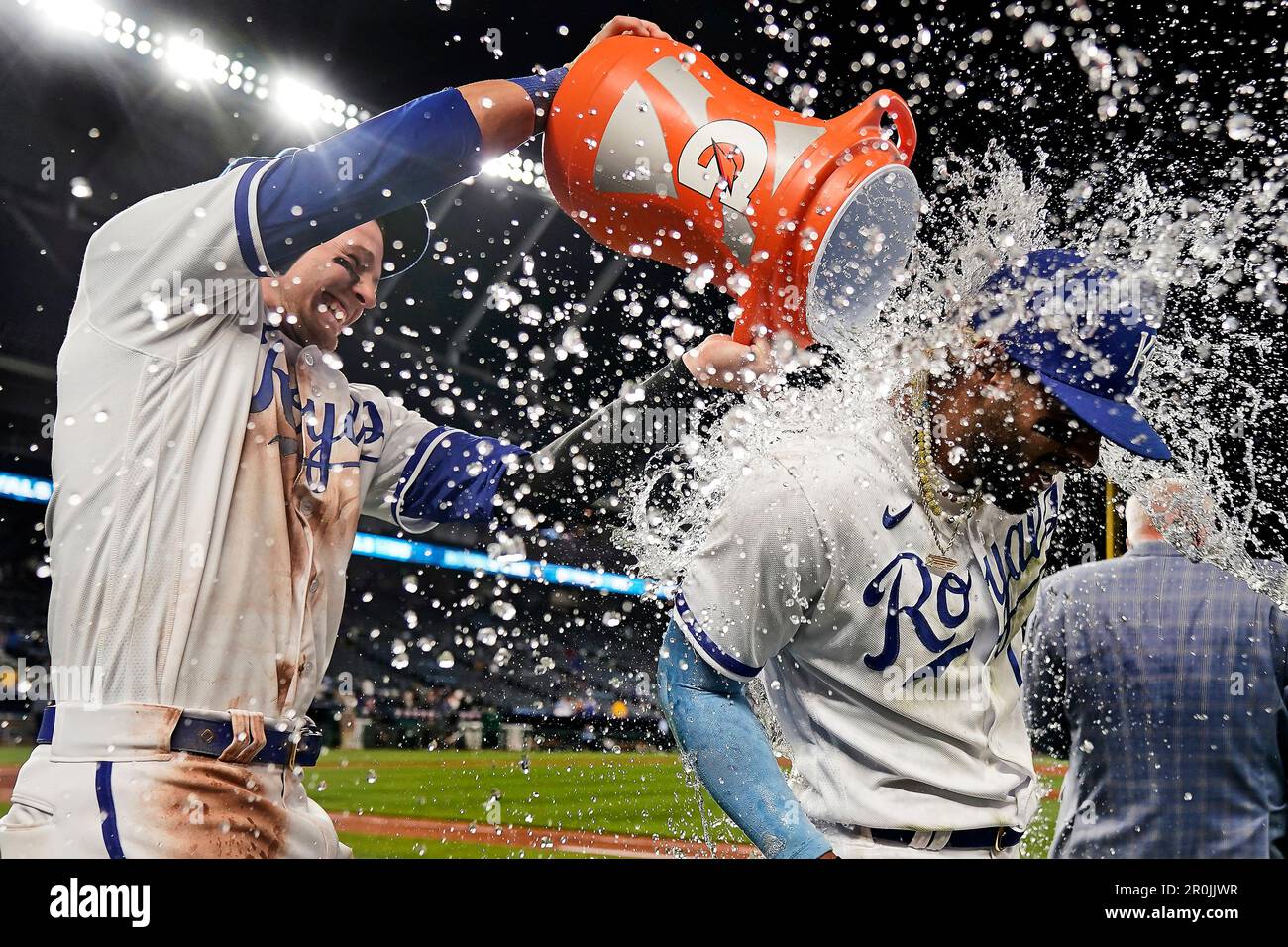 Kansas City Royals' MJ Melendez, right, is doused by Bobby Witt Jr ...