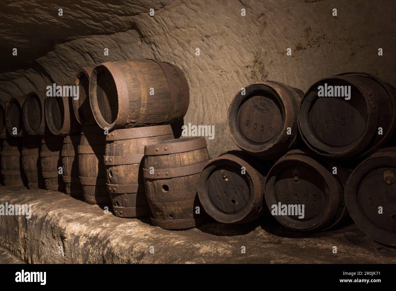 Historic barrels on display in Katakomben catacomb tunnel system of ...