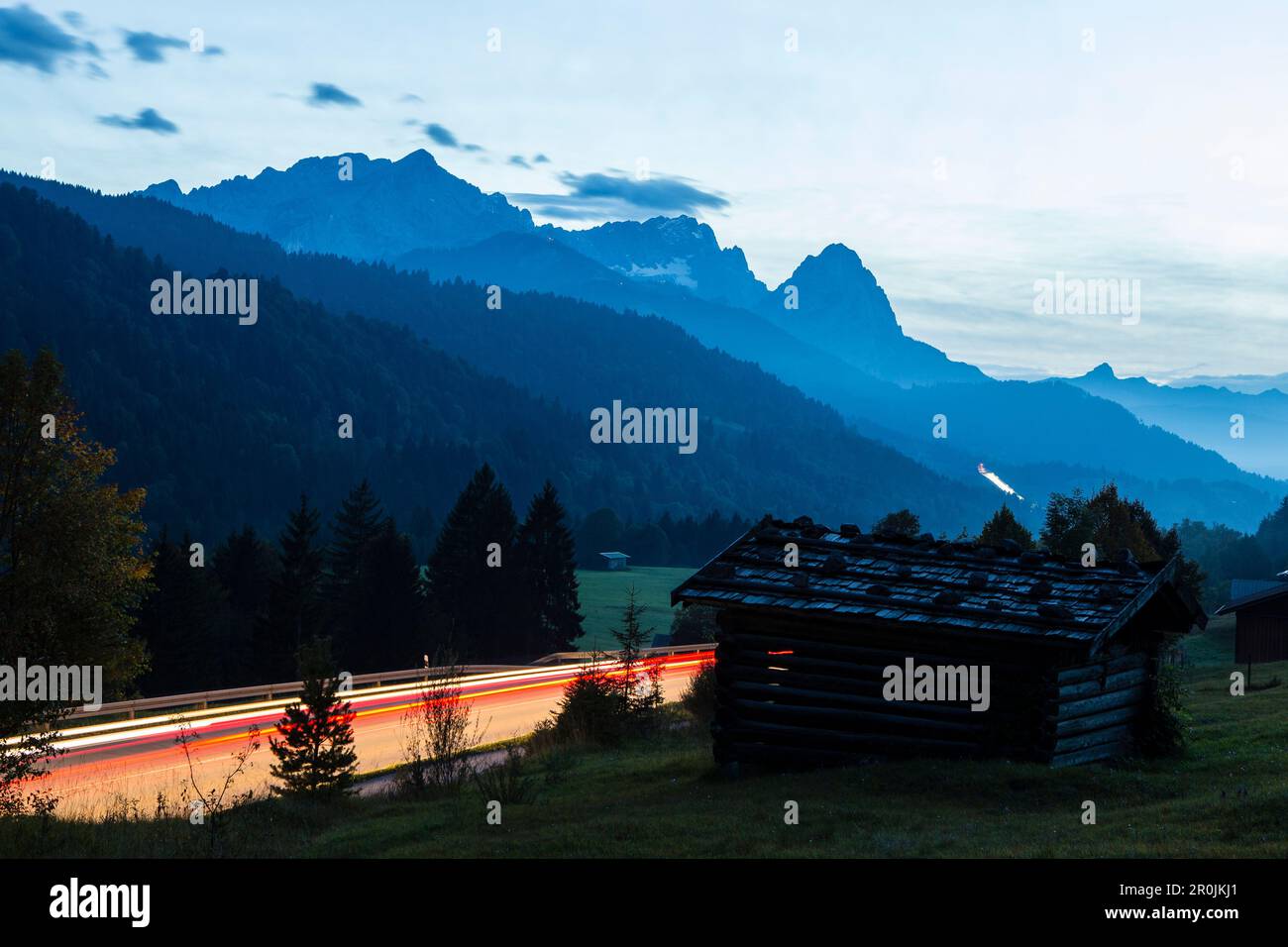 road to Innsbruck with Alpspitz, Zugspitze, Waxenstein and ski jump ...