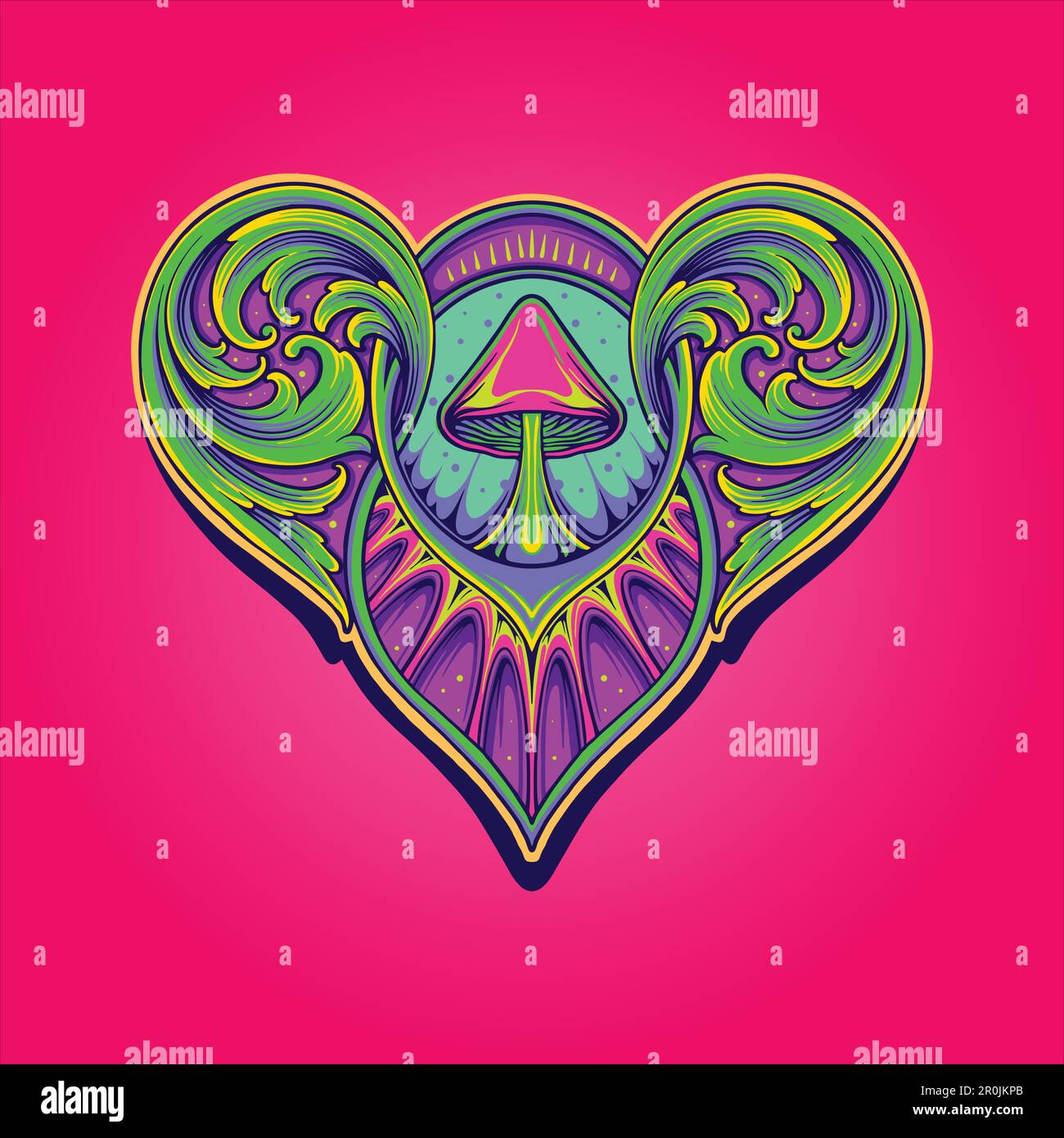 Magic mushroom with psychedelic engraving ornament heart shape ...