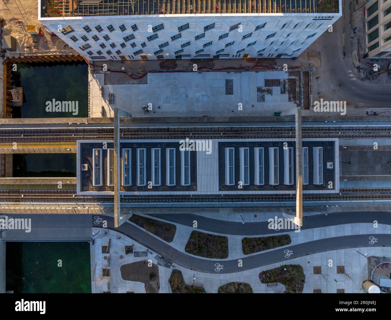 Aerial view of modern metro subway above ground end station at ...