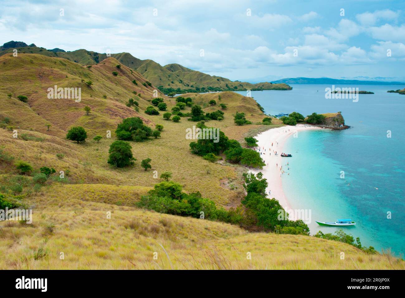 Overhead of Pink Beach with people swimming, Komodo, Indonesia, Asia ...