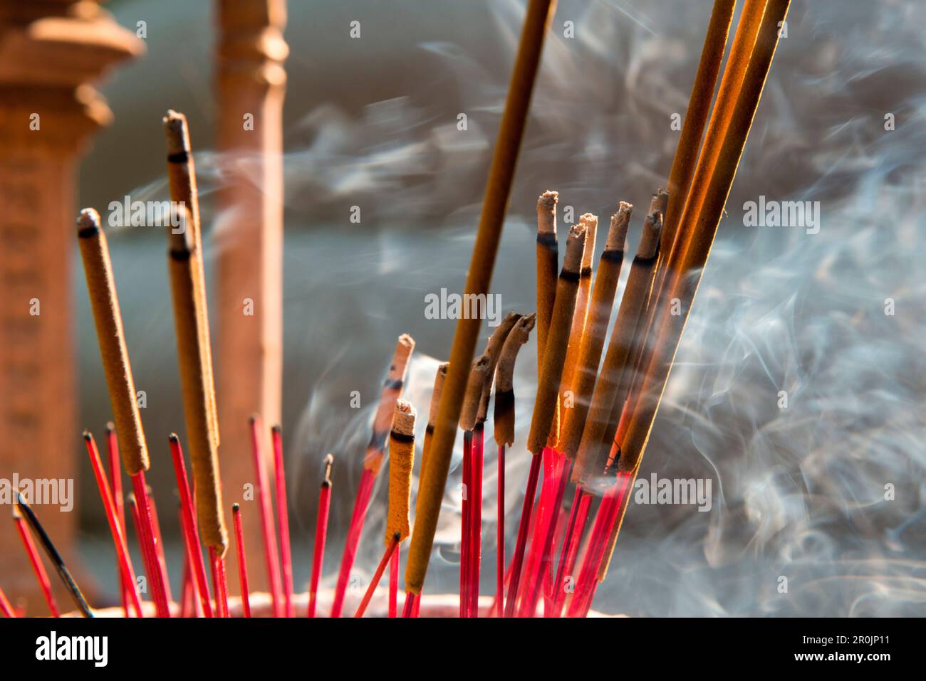 Detail of burning incense at temple, Phnom Penh, Phnom Penh, Cambodia ...