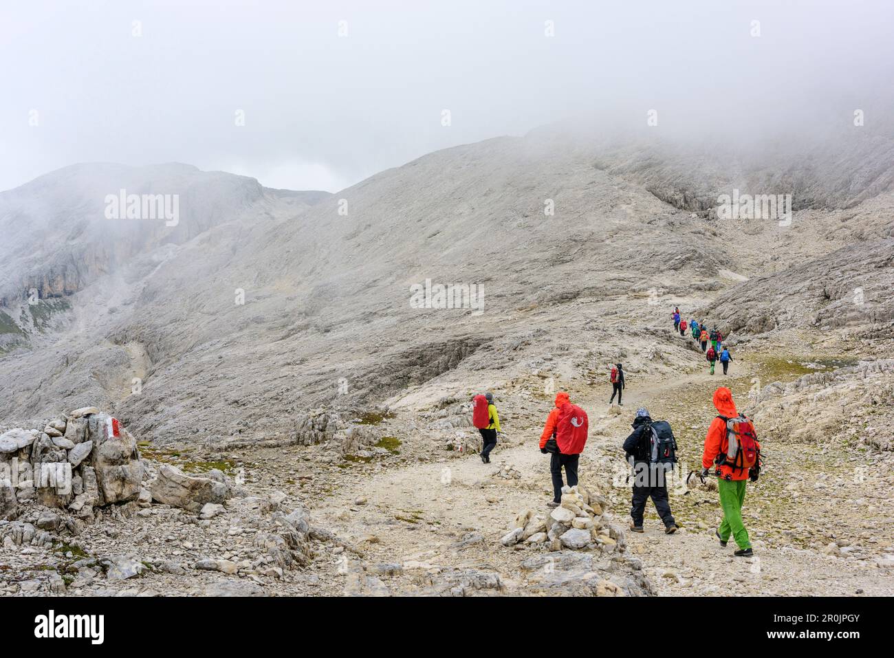 Several persons hiking on Pala plateau, Pala range, Dolomites, UNESCO ...