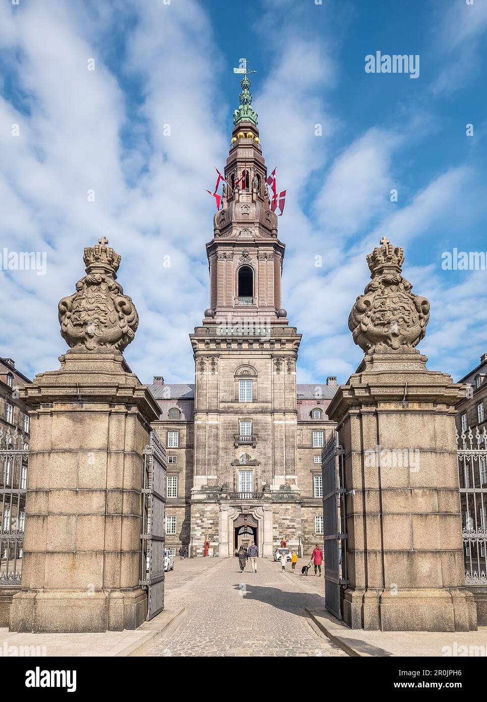 Baroque tower close up view on top of the Borg Danish parliament with ...