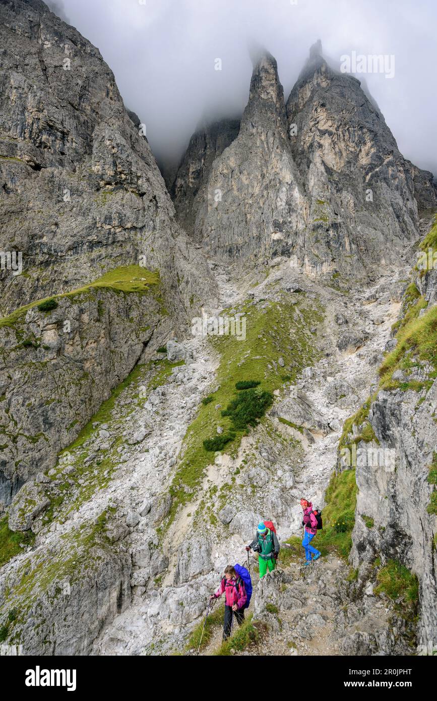 Several persons descending through valley Val Canali, rock spires in ...