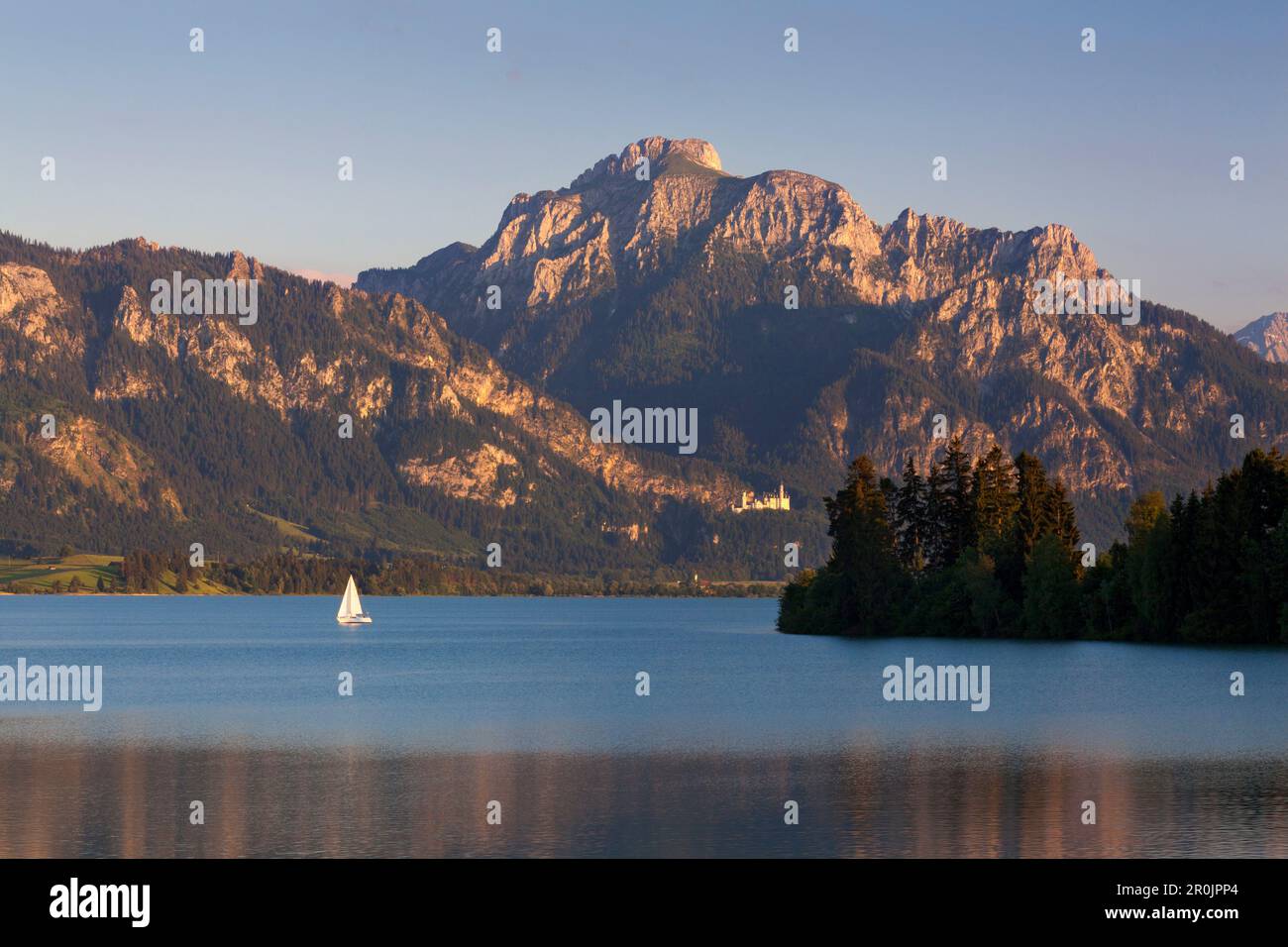 View over Forggensee to Neuschwanstein castle and Saeuling, Allgaeu ...