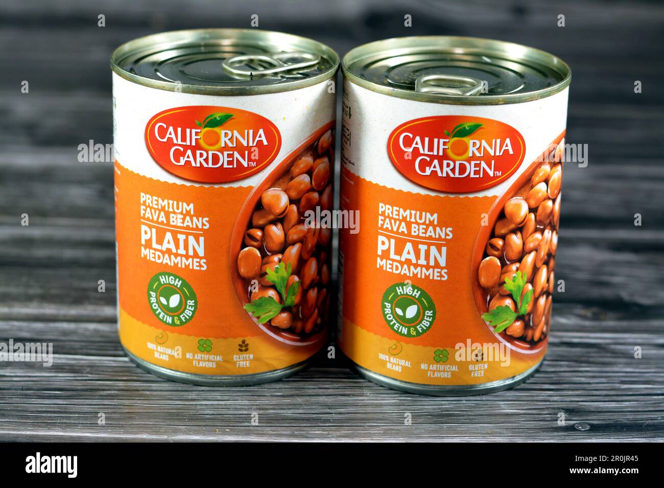 Cairo, Egypt, May 6 2023: Canned California Garden premium fava beans ...