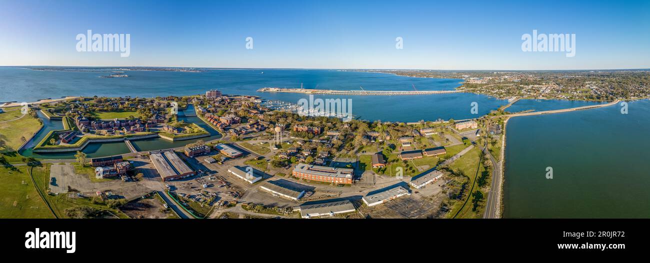 Aerial view of Fort Monroe star shaped military fort protecting Norfolk ...