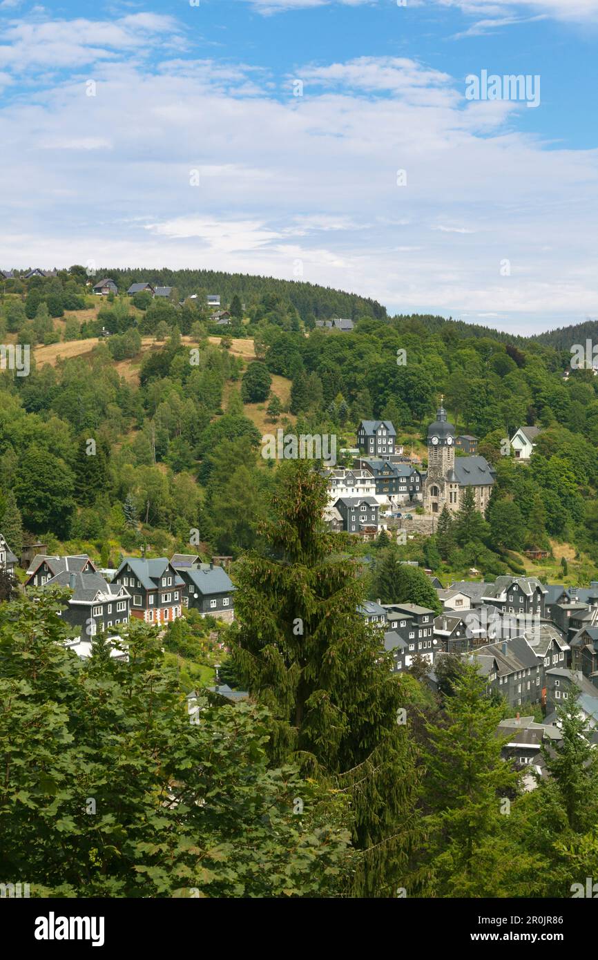 View over Lauscha village, nature park Thueringer Wald, Thuringia ...