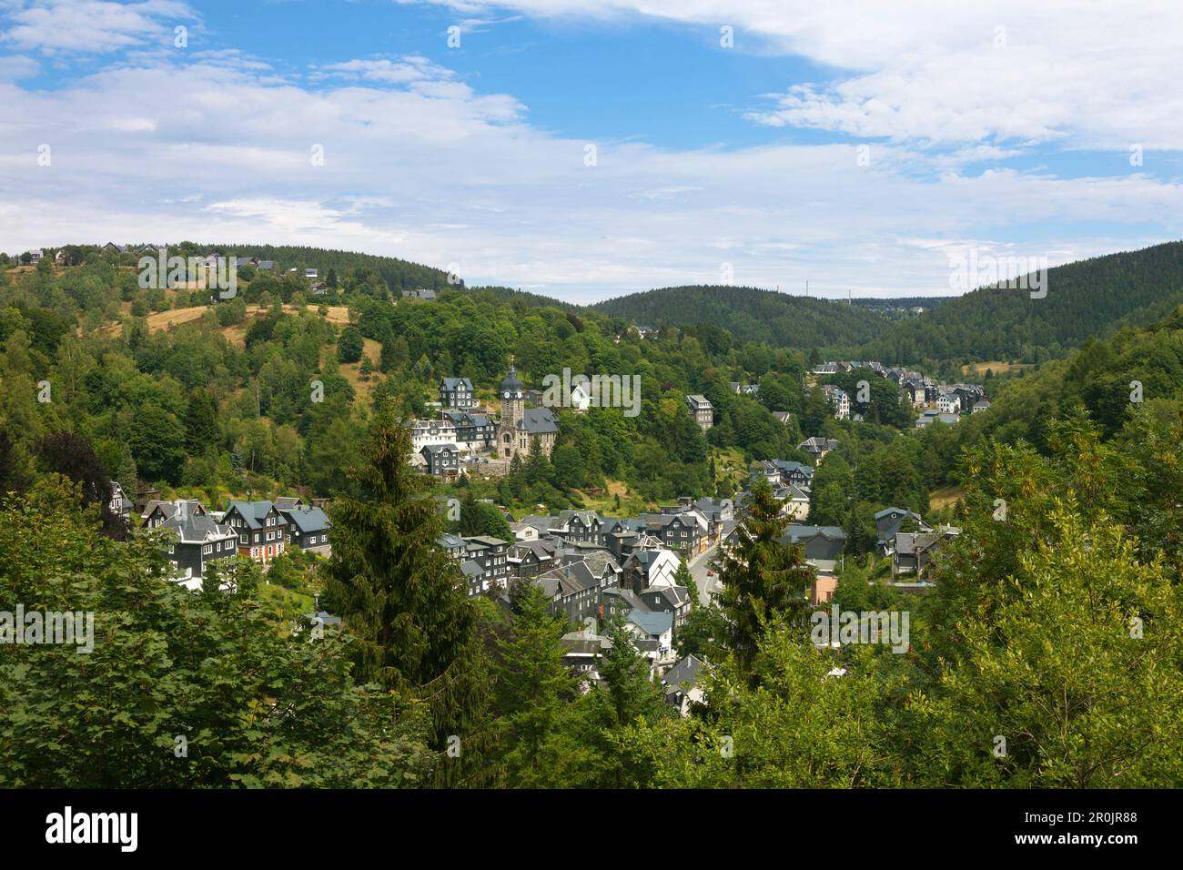 View over Lauscha village, nature park Thueringer Wald, Thuringia ...