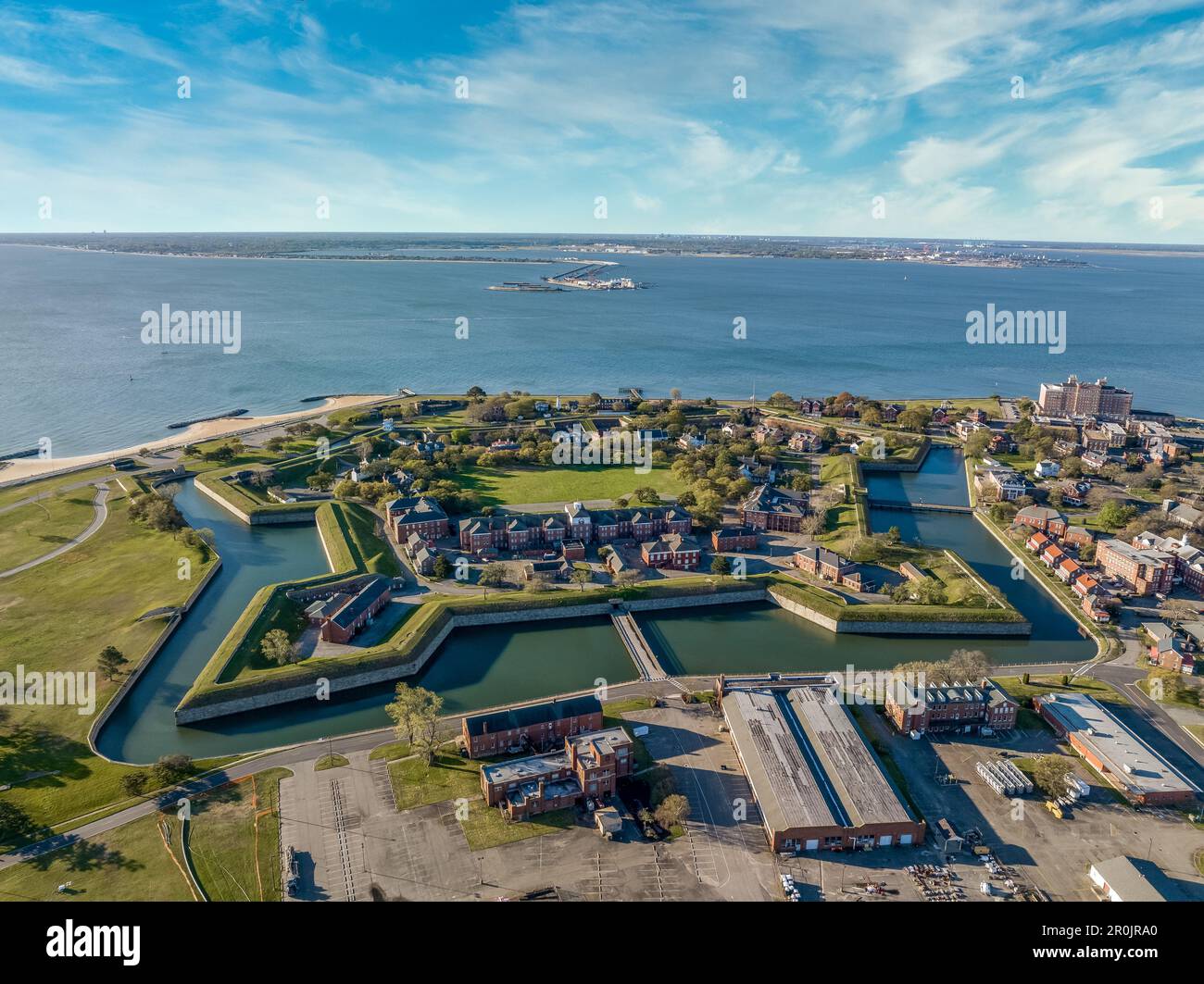 Aerial view of Fort Monroe star shaped military fort protecting Norfolk ...