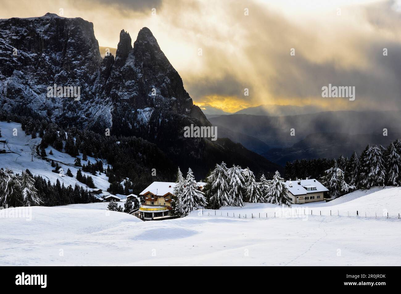 Snow and mystic light at early winter at Seiser Alm with Santnerspitze ...