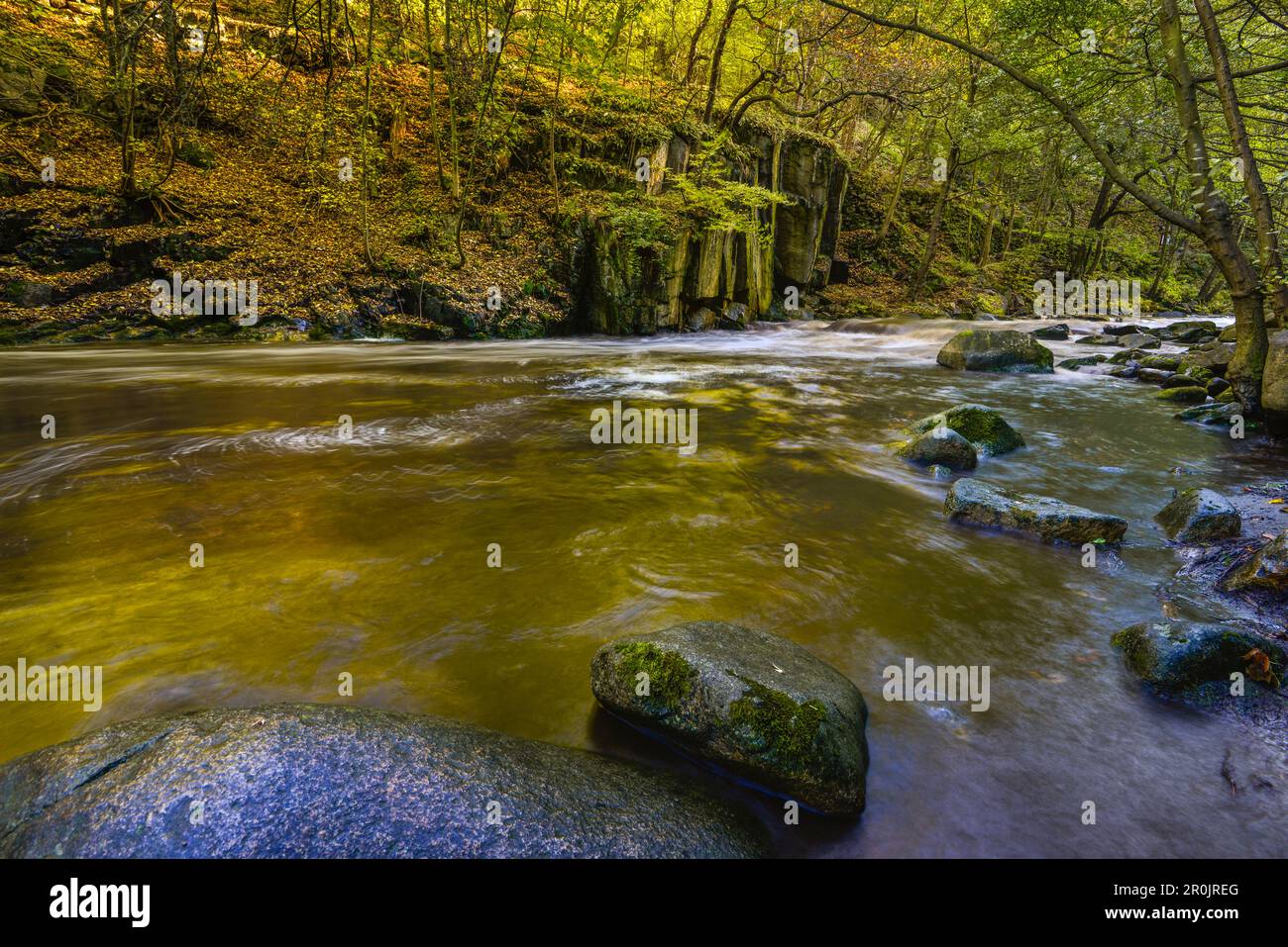 River Bode passing stones and rocks in autumn, Bode Valley, Thale, Harz ...
