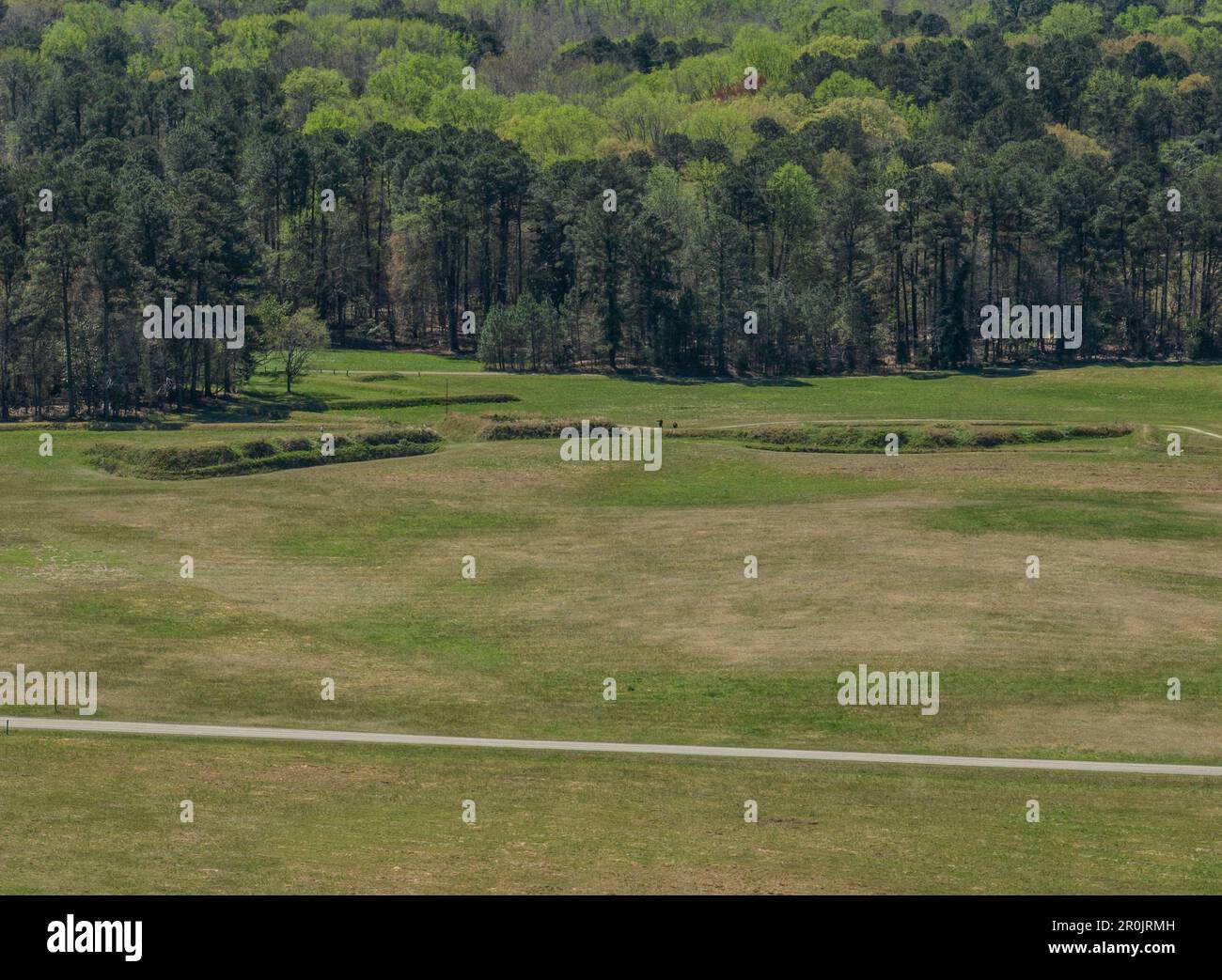 Aerial view of Yorktown revolutionary war battlefield with earthwork ...